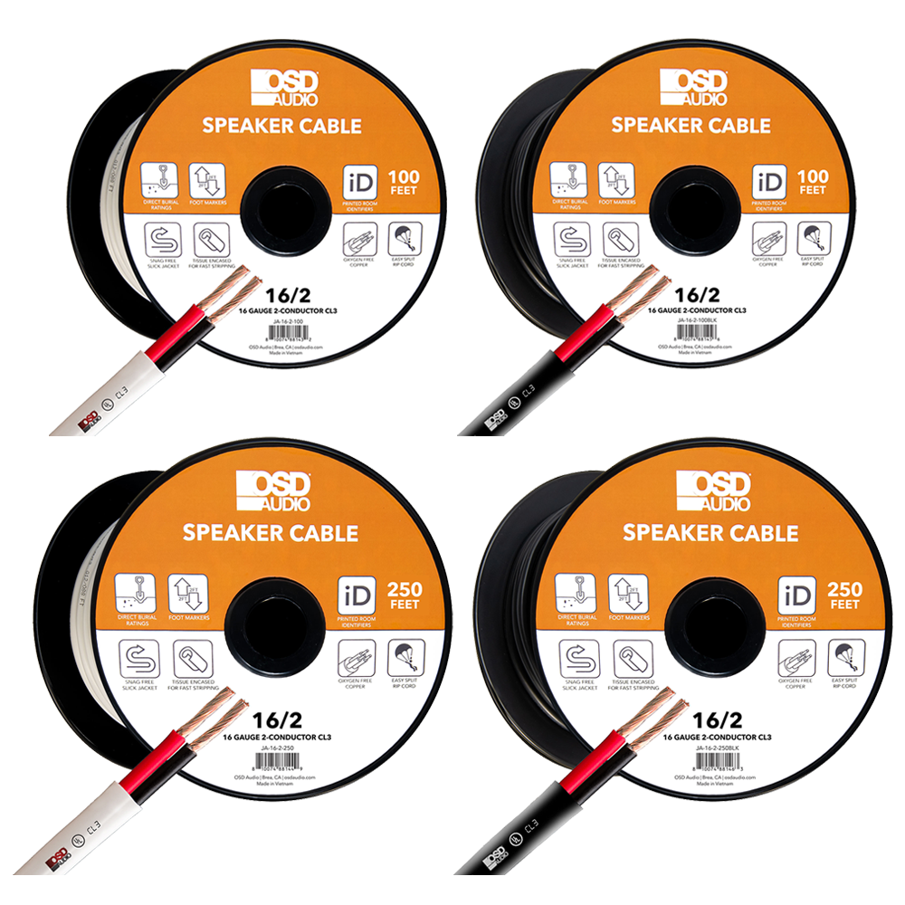 100Ft and 250Ft 16 Gauge 2-Conductor Speaker Cable Length - White or ...